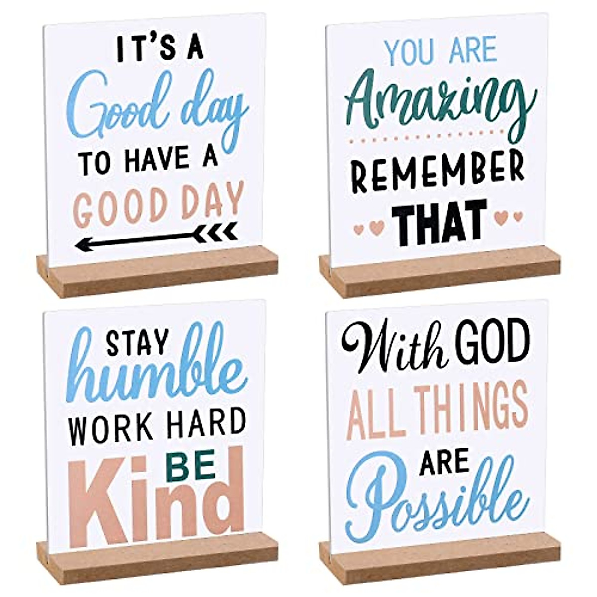 4 Pieces Inspirational Quotes Desk Decor Wood Block Plaque Positive Wooden Table Signs Decorative Wood Table Sign Centerpiece for Women Desk Office Decor Party Table Accessories(Stylish Style)
