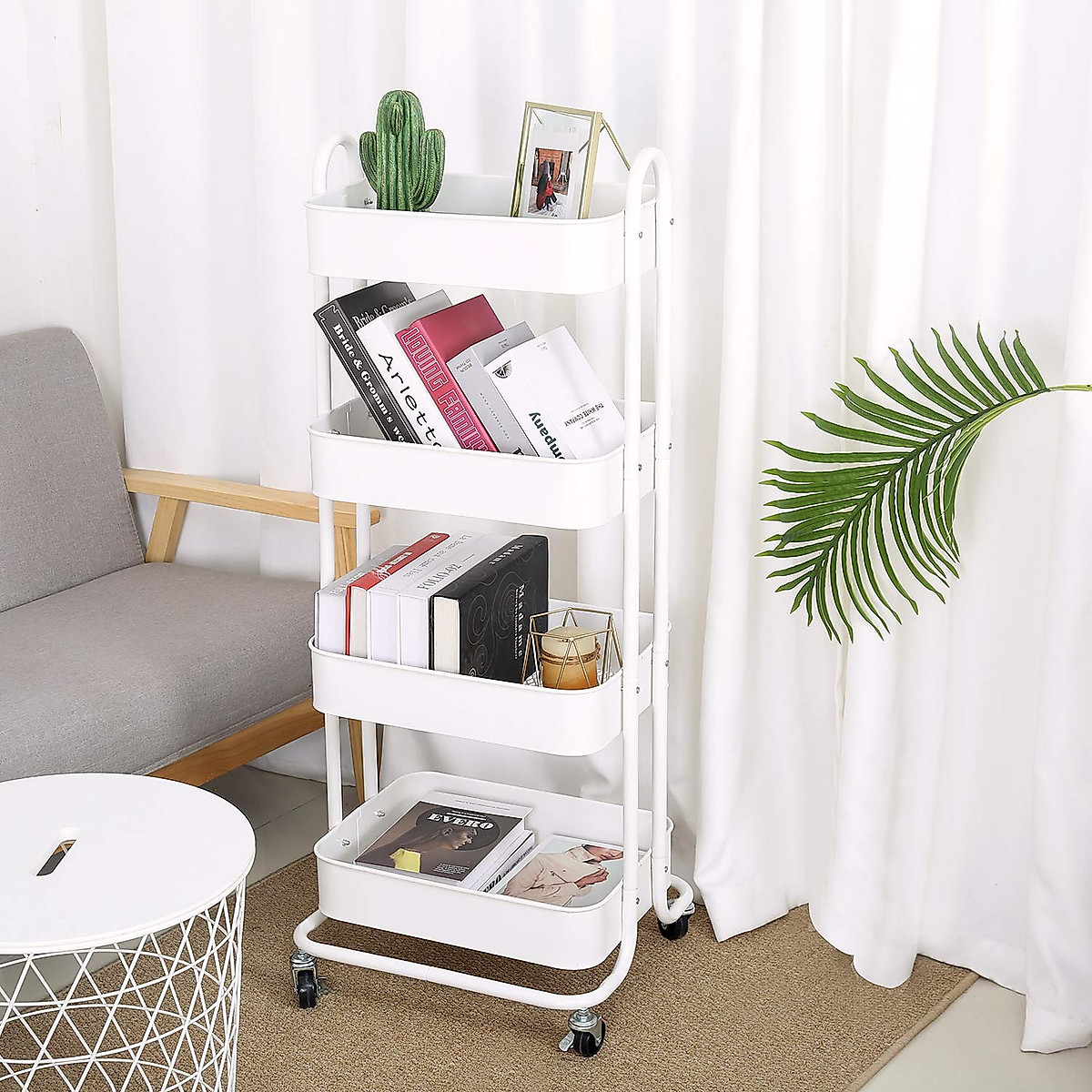 4-Tier Metal Mesh Utility Rolling Cart Storage Organizer Shelf Rack with Lockable Wheels for Living Room Kitchen Office, White