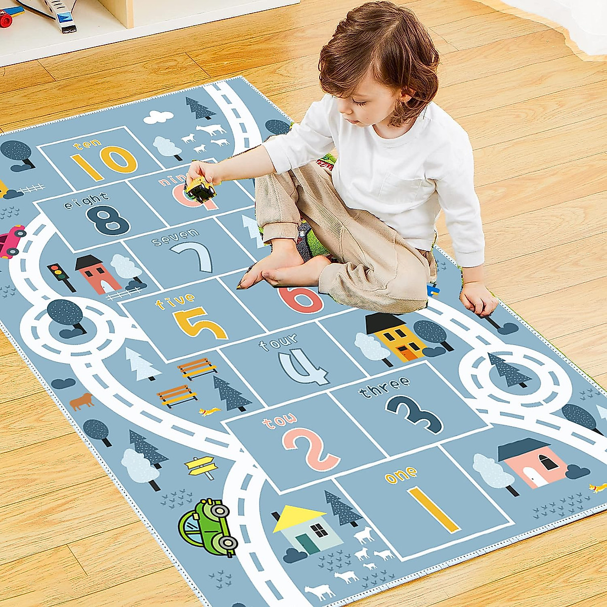 LGQLJPLQQ Hopscotch Rugs for Kids, Kid Rug for Bedroom,Road Rug, Playroom Rug for Kids Toy Cars, Nursery Rug for Teaching Toddler(Blue, 6' x 9')