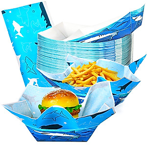 100 Pcs Shark Party Supplies Serves 50, Shark Paper Food Trays Food Boats with Wax Paper Sheets for Birthday Party Shark Party Favors Decoration