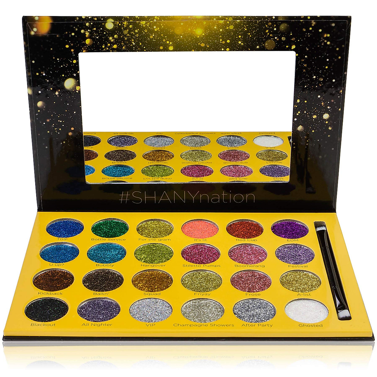 SHANY RSVParty Makeup Glitter Eyeshadow Palette - 24 Long-Lasting Pressed Glitter Pigments for Face and Body - Ultra Pigmented Glitter Makeup set with a Makeup Brush. Full Size Eyeshadow Pan.