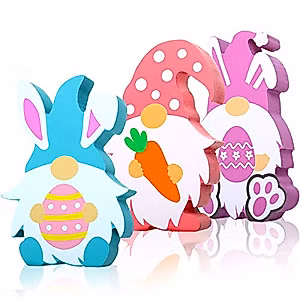 3 Pieces Easter Gnomes Shape Wood Sign Cute Standing Gnomes Easter Wood Crafts Easter Themed Freestanding Table Decorations for Desk Office Home Party (Gnome and Rabbit)