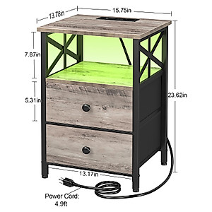 AMHANCIBLE Night Stand Set 2, LED Nightstands for Bedroom Set of 2 with Charging Station, End Table with USB Port and Outlet, Side Table with 2 Storage Drawers for Living Room, Greige, HET052LGY
