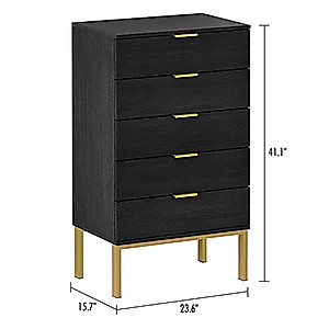 ECACAD Modern Dresser with 5 Drawers & Metal Legs, Wood Dresser Storage Chest for Bedroom, Living Room, Black (23.6”L x 15.7”W x 41.1”H)