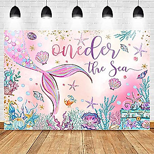 Mocsicka Oneder The Sea 1st Birthday Backdrop 7x5ft Pink Mermaid Under The Sea Happy First Birthday Party Decorations for Girls Starfish Shell Seaweed Photography Background