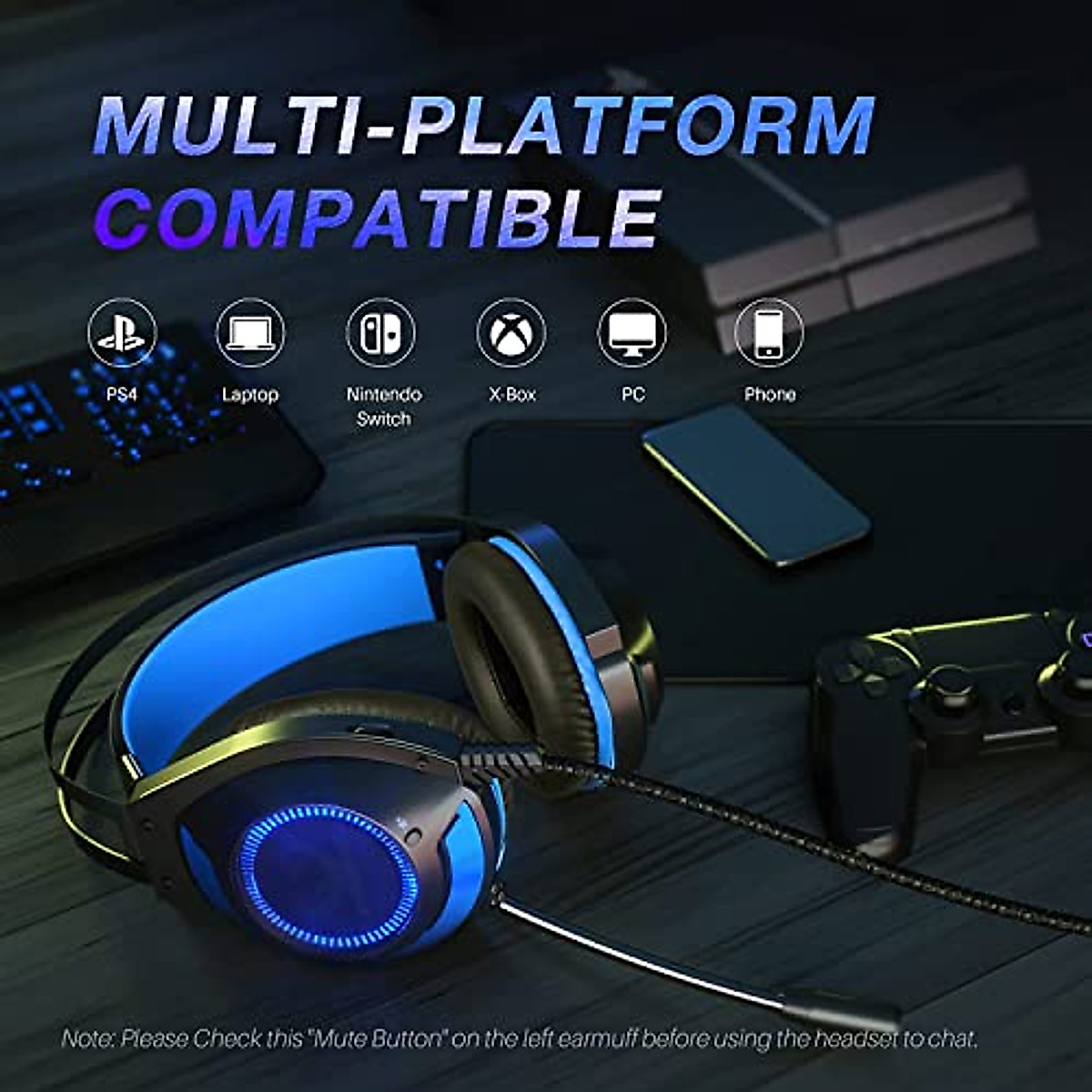 Gaming Headset with 7.1 Surround Sound and Noise Canceling Mic & Memory Foam Ear Pads Gaming Headphones for PC, PS5, Xbox One, Nintendo Switch (Blue)