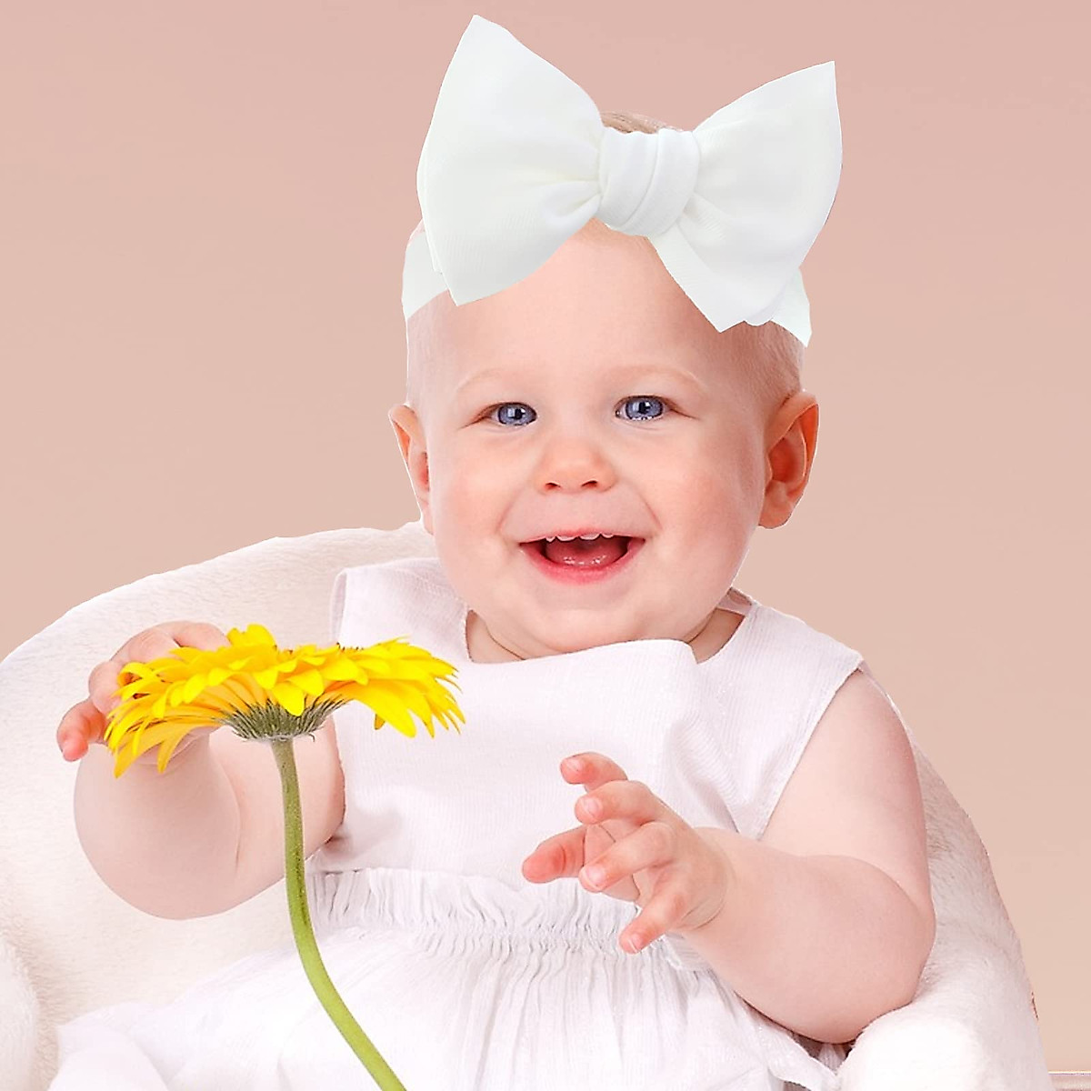 KIDOCHEESE Baby Girl Nylon Hairband with Bows, 5 Count (Pack of 1), for Infant, Extra Stretchy, Handmade