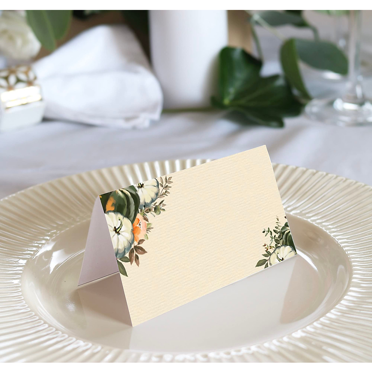 Desert Mercantile Fall Harvest Pumpkin Place Cards - 25 pack – Tented Tabler Cards for Thanksgiving Table Decor, Autumn Weddings, Holiday Buffets, Dinner Parties, or Place Settings. 2"x3.5" (folded).