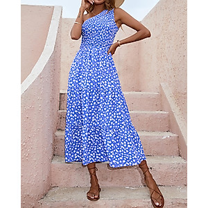 BTFBM Women Sleeveless Casual Dresses Summer Clothes One Shoulder Smocked High Waist Floral Flowy Long Beach Sun Dress(Floral Blue White, Medium)