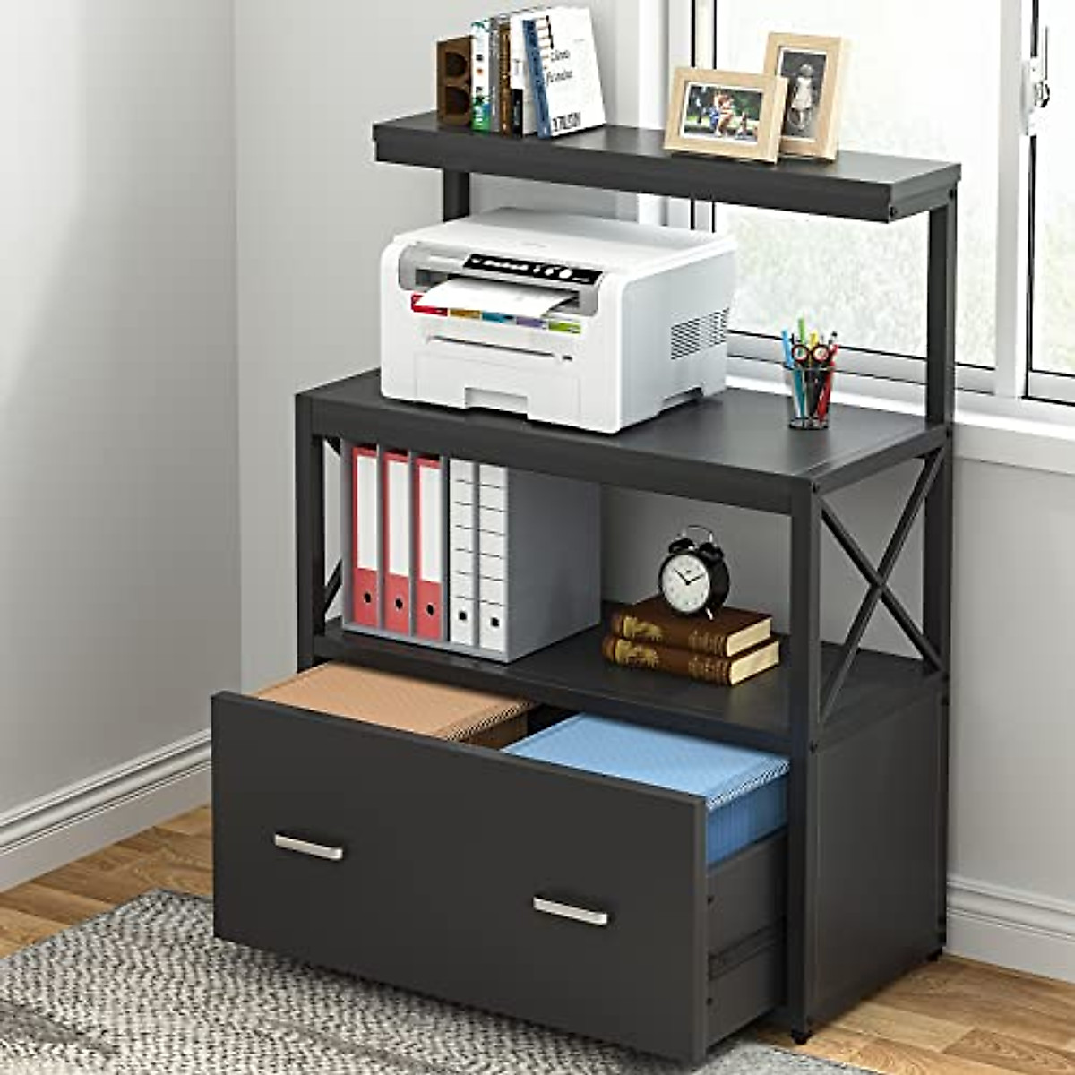Tribesigns Lateral File Cabinet Modern Filing Cabinet with 1 Large Drawer, Printer Stand with 3 Open Storage Shelves for Home Office