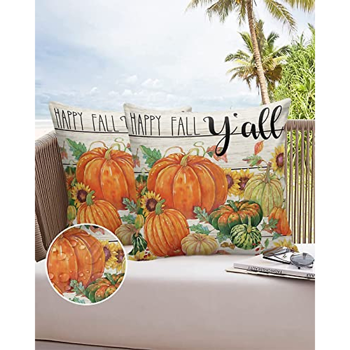Fall Thanksgiving Pumpkin Outdoor Pillow Cover 16x16 Inch Cushion Sham Case,Happy Autumn All Yall Farmhouse Waterproof Decorative Square Throw Pillowcase for Garden Patio Porch Couch Chair Tent