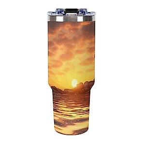 STVNKML 40 Oz Tumbler with Handle Sea Lighthouse in Sunset Stainless Steel Coffee Mug Reusable Travel Mug Leak-proof Insulated Car Cup Large Capacity Tumbler for Travel, Outdoor, Home Use (Black)