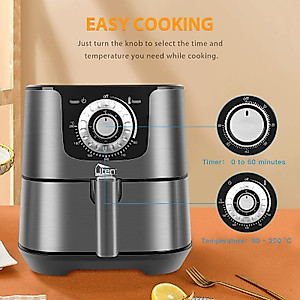 Uten 5.8 Quart Air Fryer, 1700W Hot Oven Oilless Cooker,Non-Stick Fry Basket, Manual Air Fryer with Timer Knob and Temperature Knob, Black