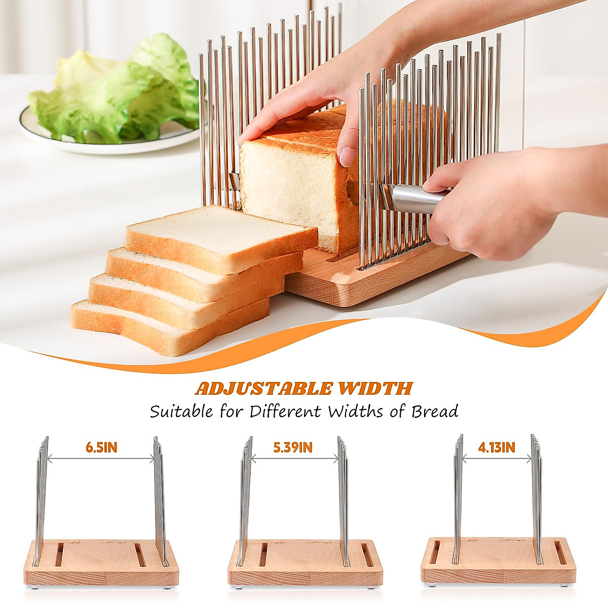 Bread Slicer, Bread Slicer For Homemade - Bread Cutting Guide Adjustable, Stainless Steel Slicing Guide, Durable and Stable Wooden Structure with Bread Knife