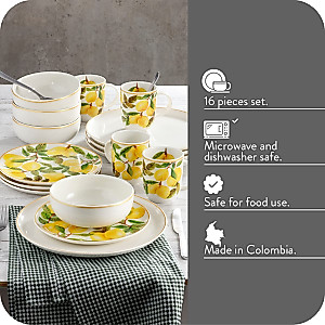 Corona Dinnerware Set 16– piece, Plates Bowls and Mugs Set, Ceramic Sets for 4, Microwave and Dishwasher Safe, Alegra Yellow Lemon Design