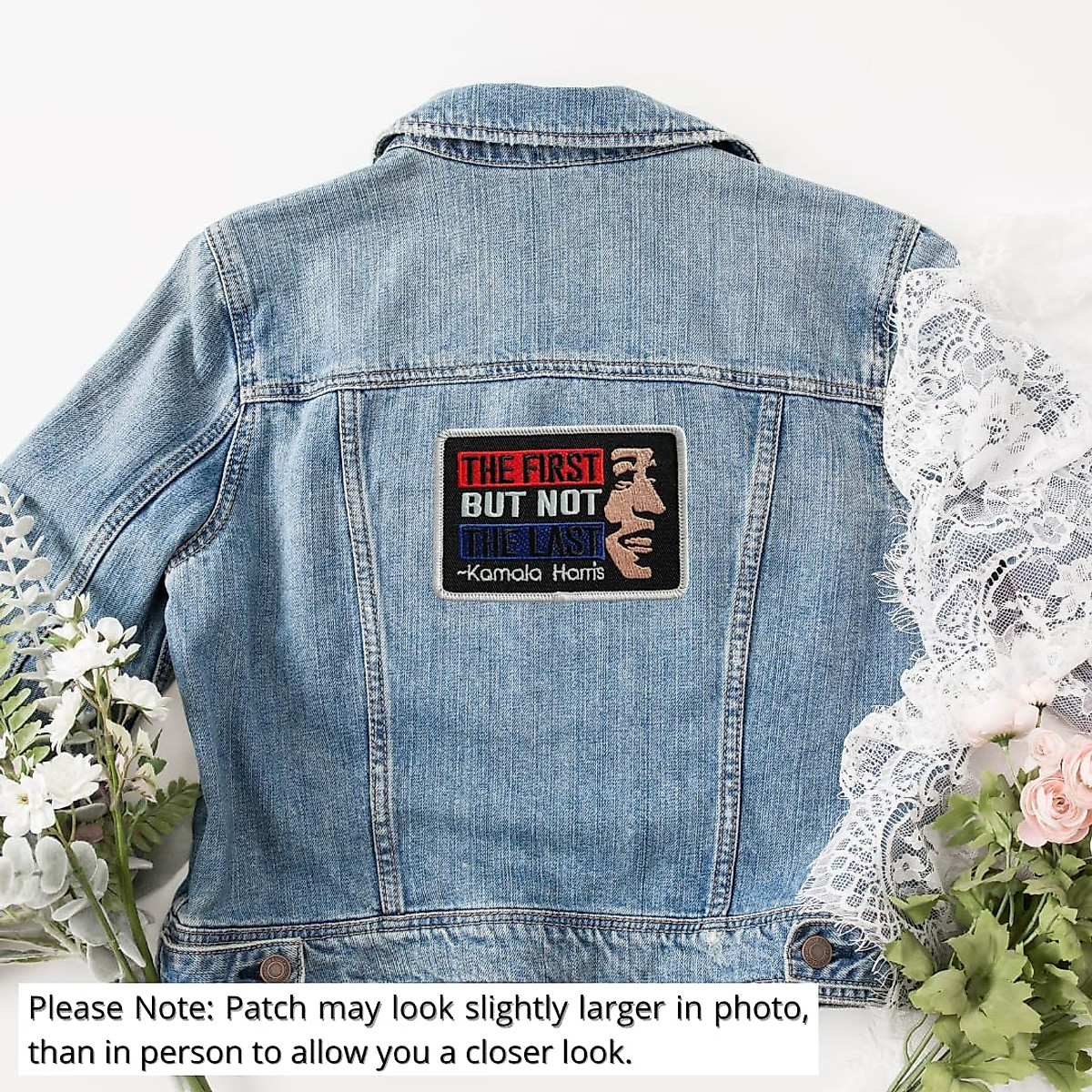 Patch Party Club, Kamala Harris Not The First 1-pc, Embroidered Circular Iron-on Patch, Size 3.5" x 2.65", Patch for Jackets, Hats, Bags