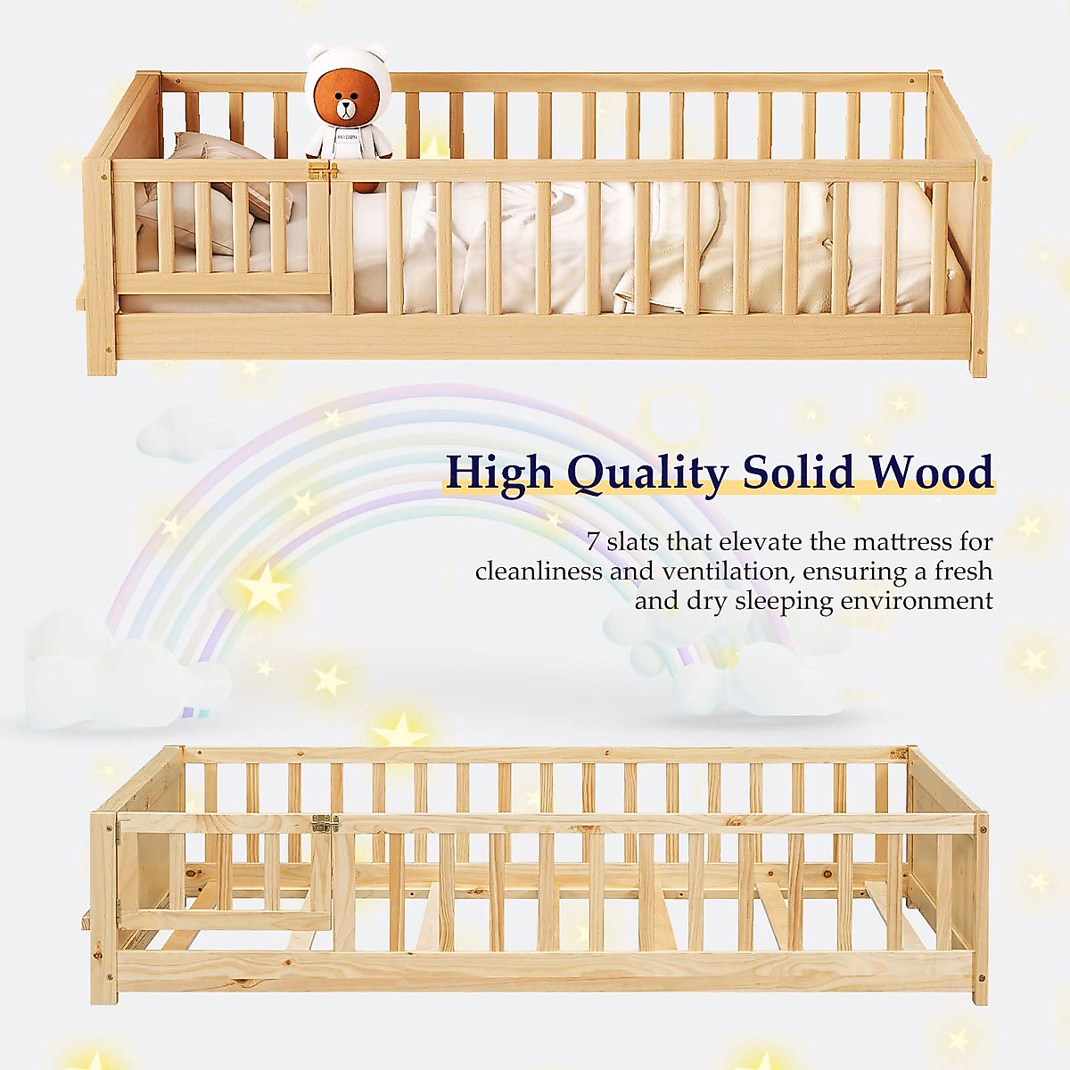 Tatub Twin Floor Bed with Slats, Montessori Bed with Rails, Kids Floor Bed with Built-in Book Storage Rack, Solid Wood Montessori Bed Frame with Door, Nature