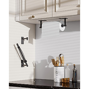 BATHDANCE Paper Towel Holder -Under Cabinet Paper Towel Holder, Single Hand Operable Roll Holder with Damping Effect,No Drilling or Wall Mounted Stainless Steel for Kitchen Bathroom (Matte Black)