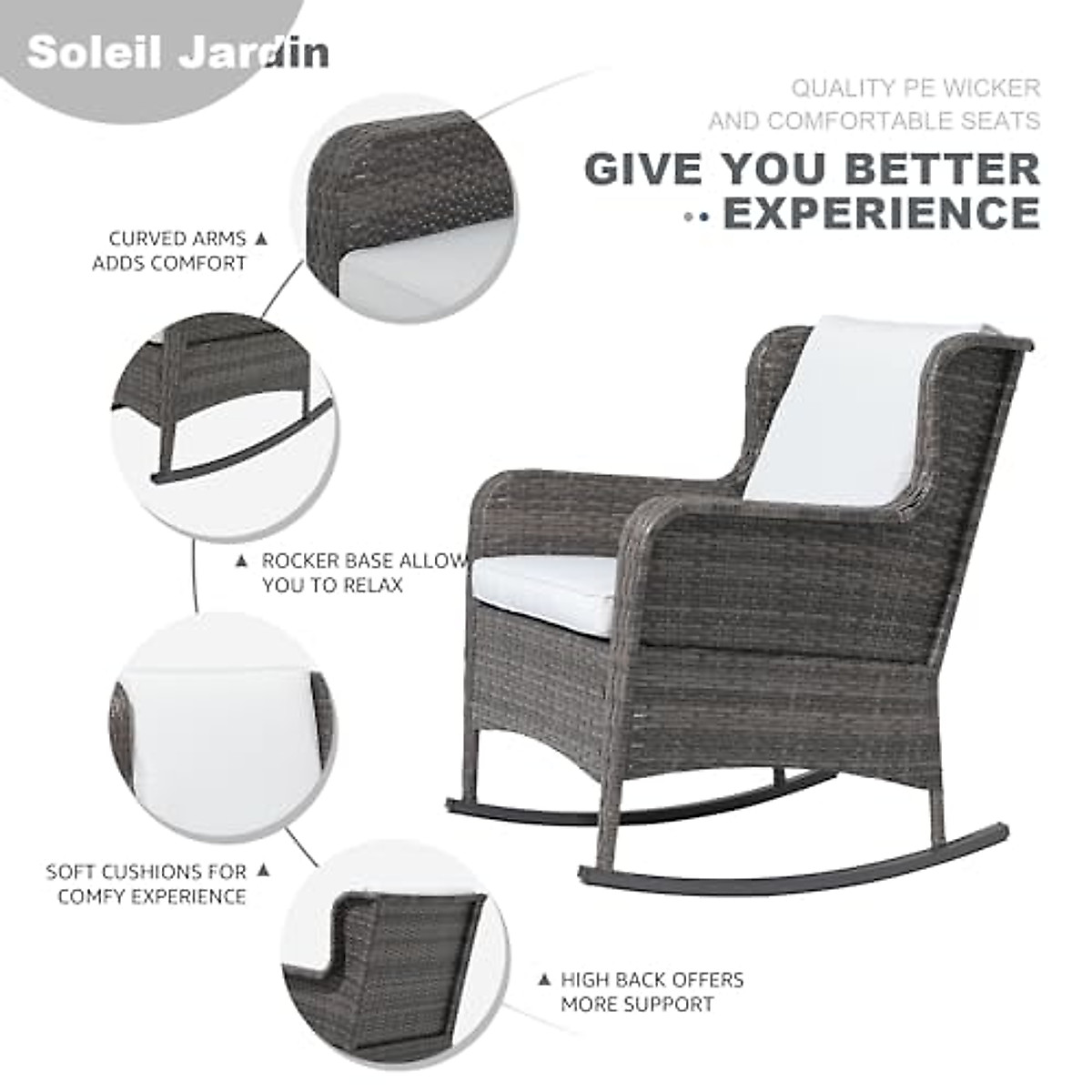 Soleil Jardin Outdoor Resin Wicker Rocking Chair with Cushions, Patio Yard Furniture Club Rocker Chair, Gray Wicker & Light Gray Cushions, Set of 2