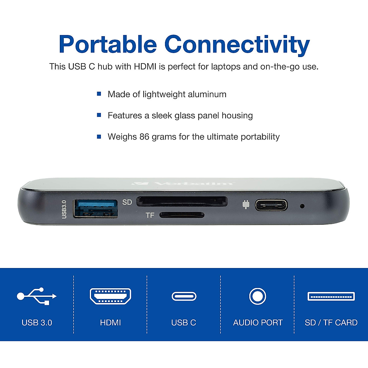 Verbatim 6-in-1 USB C Hub - Type C Hub w/ 100W PD, USB 3.0, SD Card Readers, 4K HDMI, 3.5mm Audio USB Hub for Laptop, Portable & Compact USB-C Hub