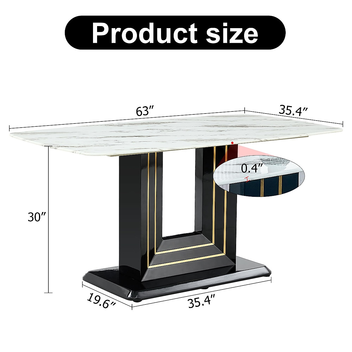 Maotifeys Luxury Faux Marble Dining Table for 6 Rectangular Kitchen Table with Black Gold Pedestal Base Elegant White Marble Dinner Table for 4-6 People in Kitchen Dining Room Office