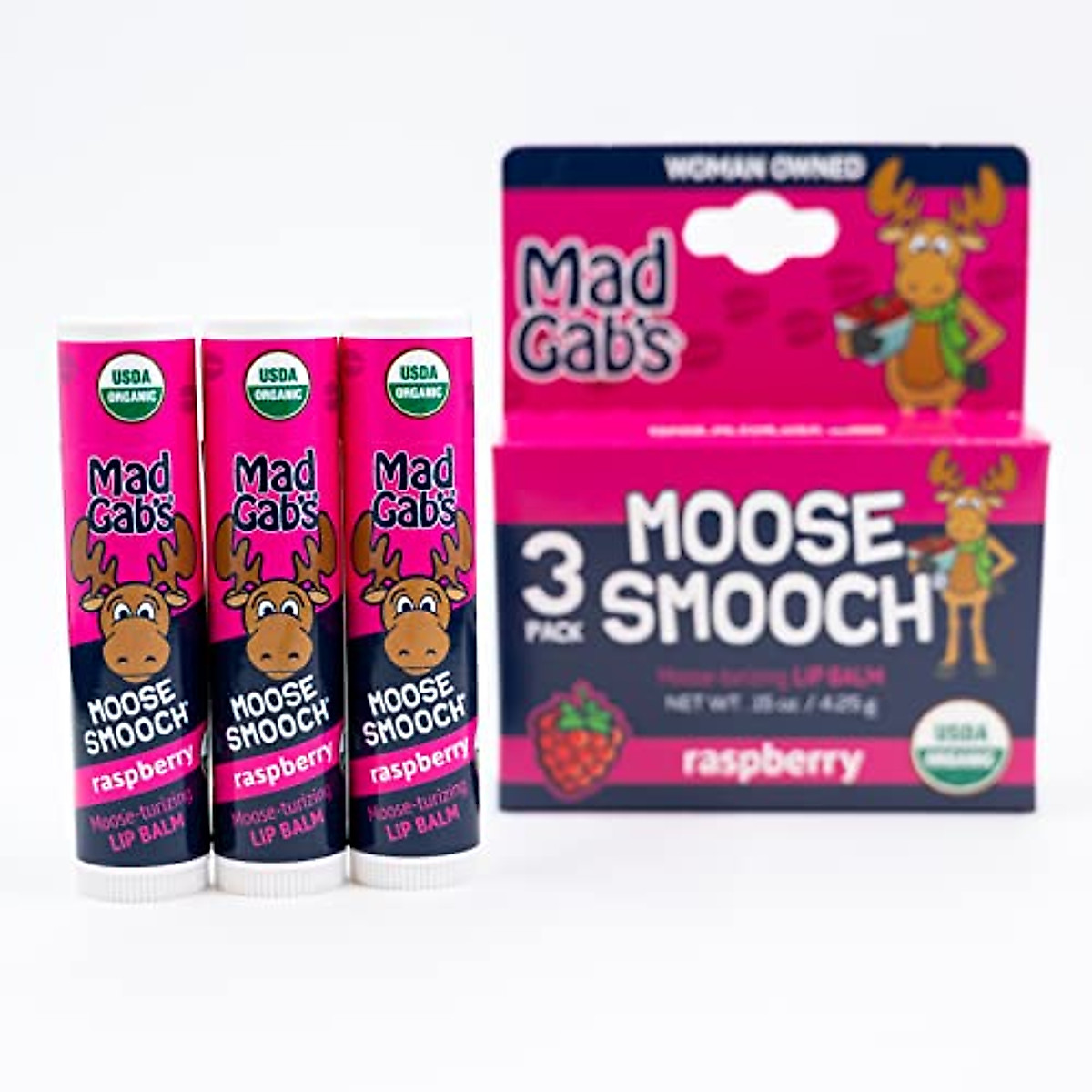 Mad Gab's Moose Smooch Raspberry Lip Balm, Mother's Day Gift, Moisturizing and Certified Organic, Made with Organic Olive Oil and Beeswax, 3 pack Gift Set