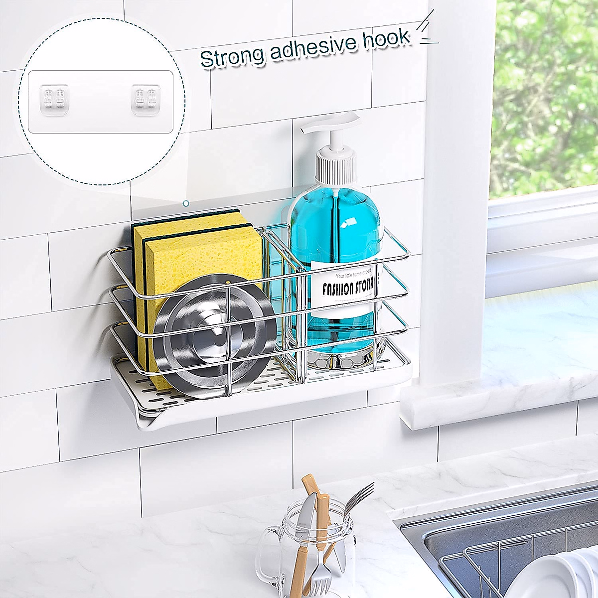 Stainless Steel Sponge Holder For Sink Kitchen Sink Organizer,Sink Tray Drainer Rack For Countertop Or Wall-Stick With Dish Drainer Keep Dry (White)