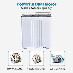 COSTWAY Portable Washing Machine, Twin Tub 21Lbs Capacity, Washer(14.4Lbs) and Spinner(6.6Lbs), Laundry Machine with Control Knobs, Built-in Drain Pump, Compact washer for Apartment, RV, Grey