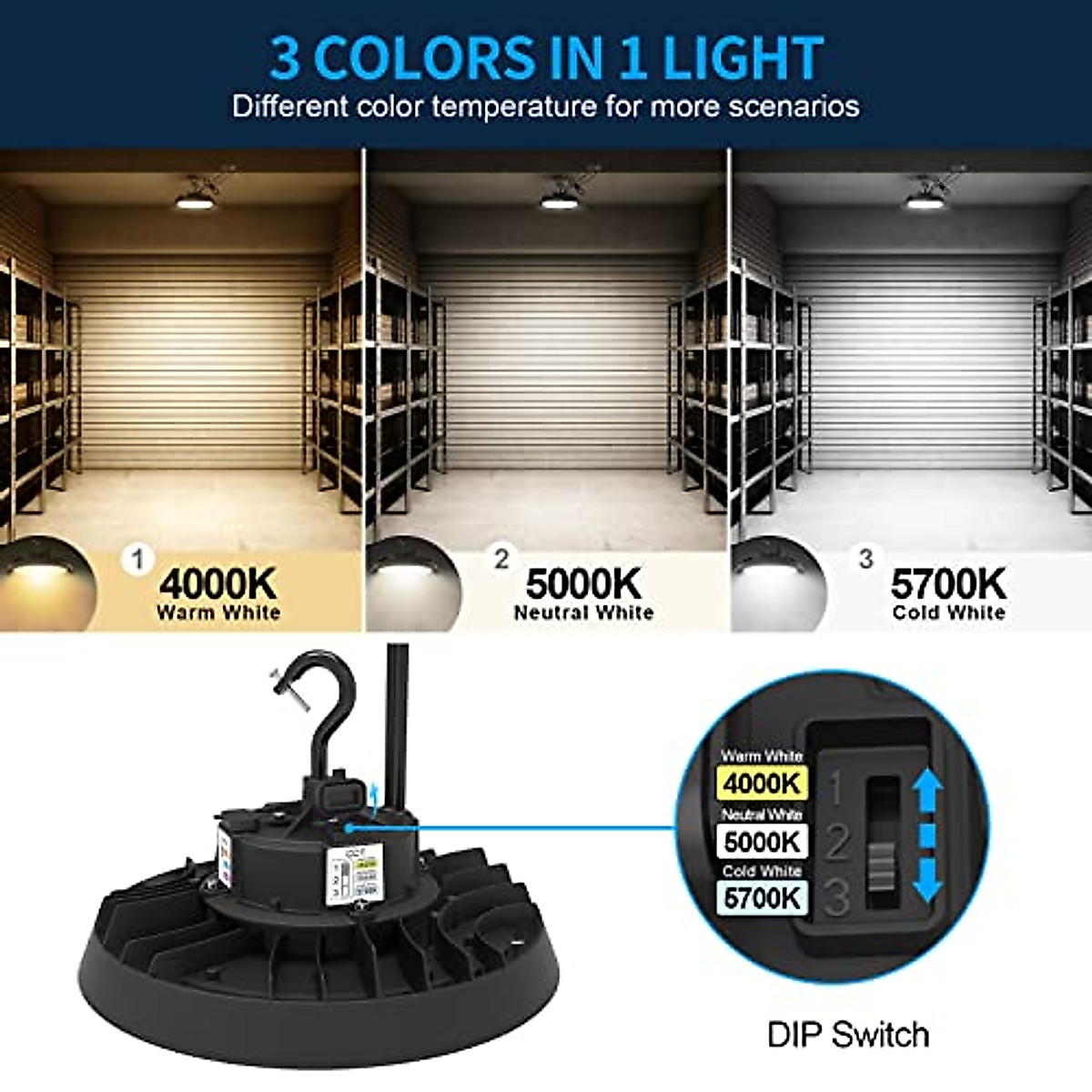 AKK 200W LED High Bay Light 180W 150W Tunable, 3 Color Switchable 30000LM UFO LED High Bay Light(Eqv. 900W MH/HPS), 1-10V Dimmable High Bay LED Lights, US Plug 5' Cable, 100-277V for Factory Warehouse