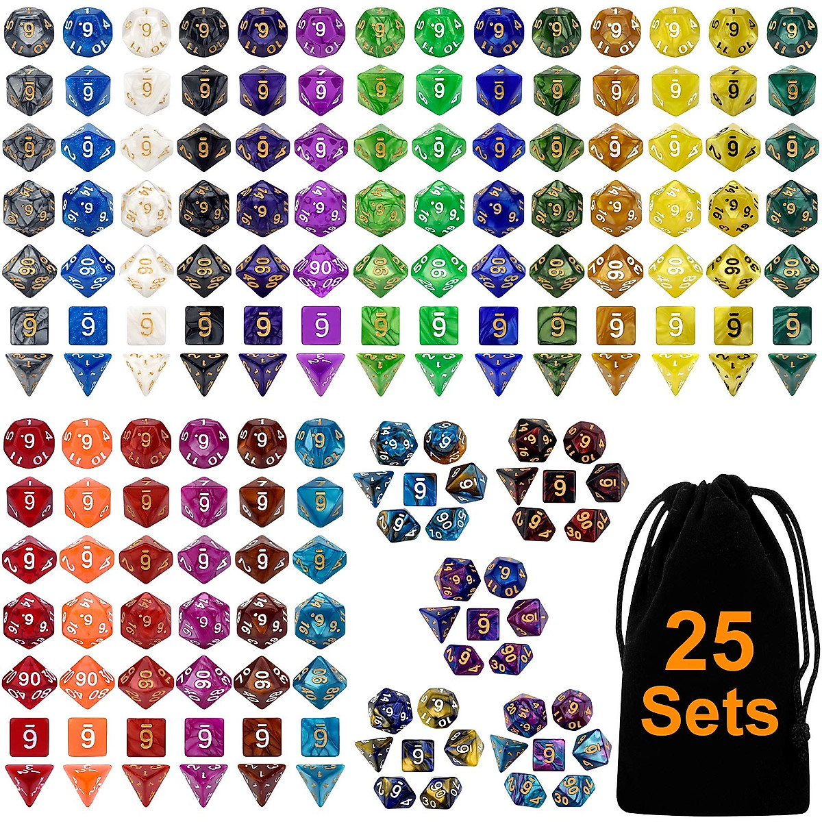 DND Double-Colors Polyhedron Dice Set for Dungeons and Dragons D&D RPG MTG Table Games D4 D6 D8 D10 D% D12 D20 25 Colors Dice with 1 Large Flannel Bag, 25 x 7 (175 Pieces)