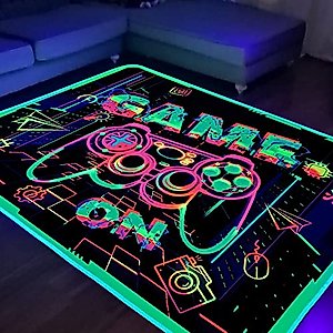 KMkicme Gaming Area Rug Blacklight for Bedroom Game Printed Carpet UV Reactive Glow in The Black Light Area Rug Playroom Large Non-Slip Area Rug Kids Boys Girls Game Room Casual Mat 60x39 Inch