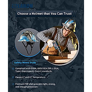 LANON Full Brim Hard Hat, OSHA Construction Work Approved, Blue Pattern Design, FRP Safety Helmet with 4 Point Adjustable Ratchet Suspension, Class C