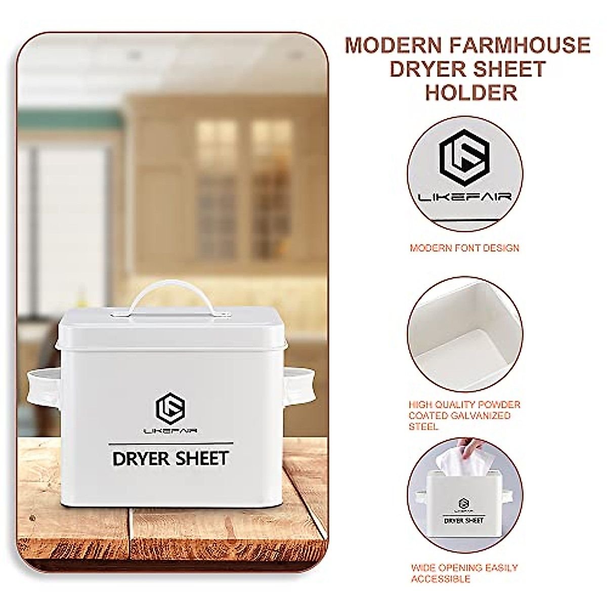 LF Likefair Modern Farmhouse Dryer Sheet Holder for Laundry Room Decor,Laundry Dispenser Container Holder with Lid for Space Saving Laundry Room Organization and Storage,White