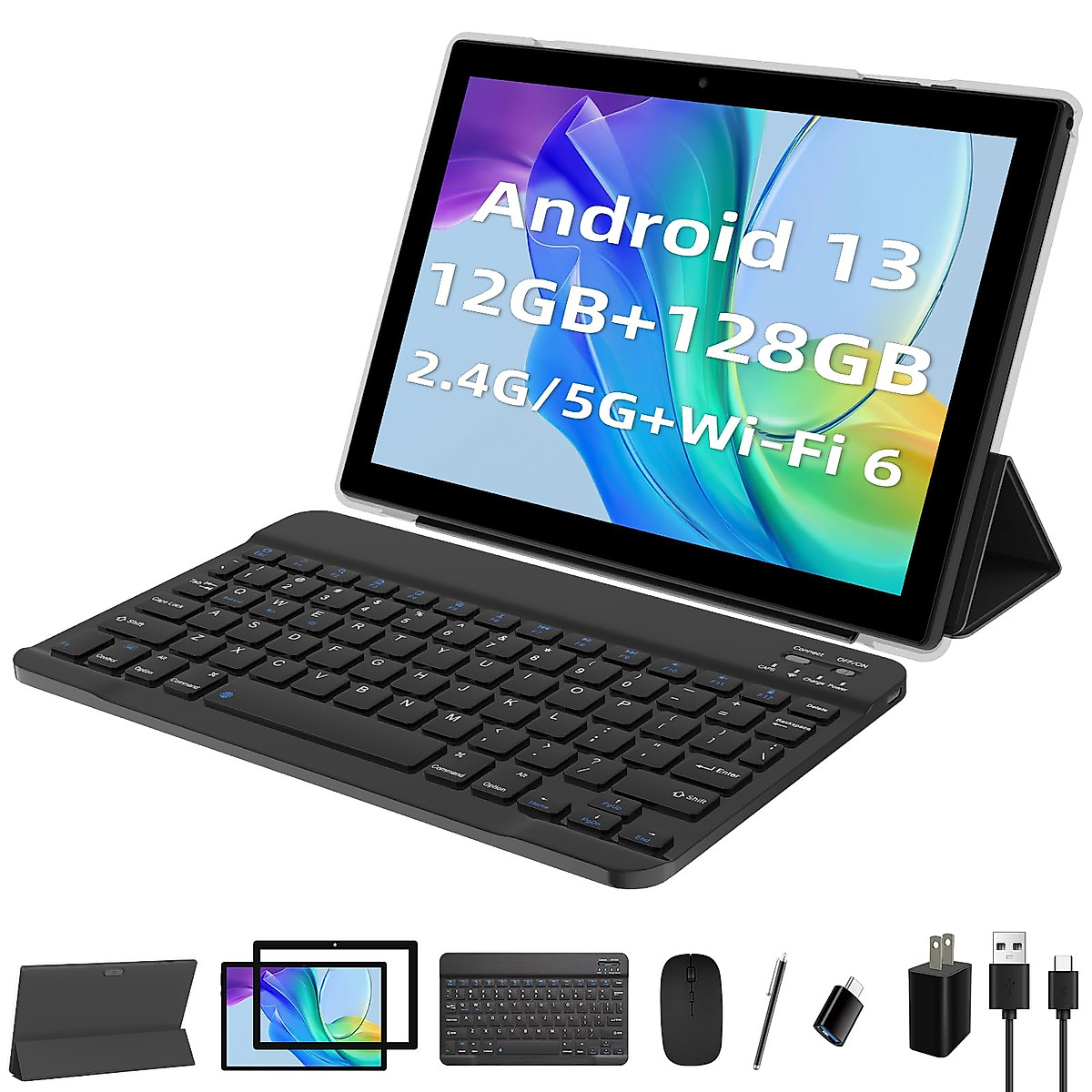 YQSAVIOR Android 13 Tablet 10 Inch, 12GB RAM 128GB ROM 1TB Expand, 2 in 1 Computer Tablet with Keyboard, IPS HD Screen, 6000mAh, 2.4G/5G/WiFi 6 Bluetooth 5.0 Tablet Pc with Stylus, Mouse, Black