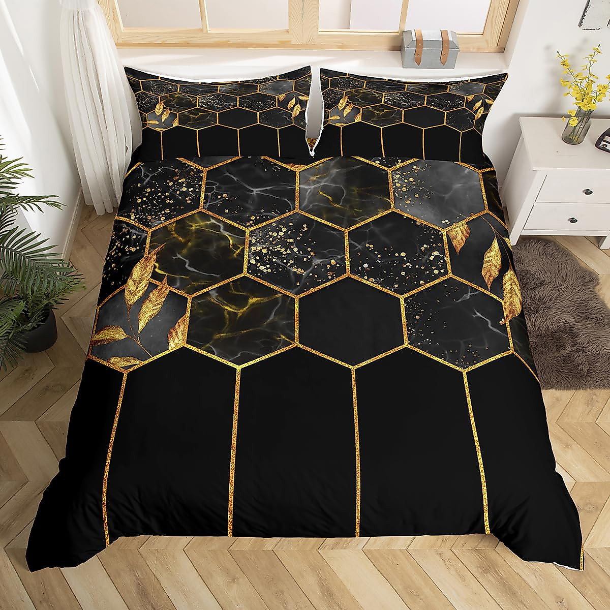 Marble Duvet Cover King, Black Grey Geometric Gold Plaid Bedding Set, Modern Luxury Diamond Comforter Cover with Metallic Stripe Printed Beehive Hexagon Grid Quilt Cover with Pillow Shams,Honeycomb