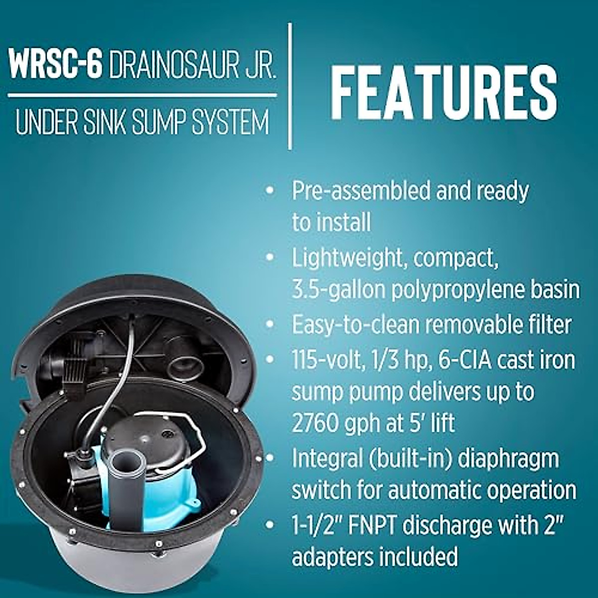 Little Giant WRSC-6 115-Volt, 1/3 HP, 2760 GPH Compact Under Sink Drainosaur Automatic Sump Pump/Basin System with 10-Ft. Cord, Black/Blue, 506065