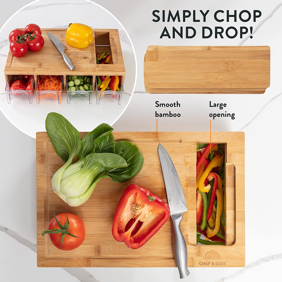 Chopping Board with Storage and Food Prep Station - Meal Prep Station, Bamboo Cutting Board with Juice Grooves, Four Containers & Assorted Graters