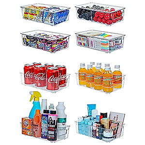 Plastic Storage Bin with Lid and Divider, ESARORA Clear Shallow Pantry Organizer with Handle for Fridge, Cabinet, Kitchen, Bedroom, Closet, Bathroom, Office, Pantry Organization, 8 Pack 10.28 inch