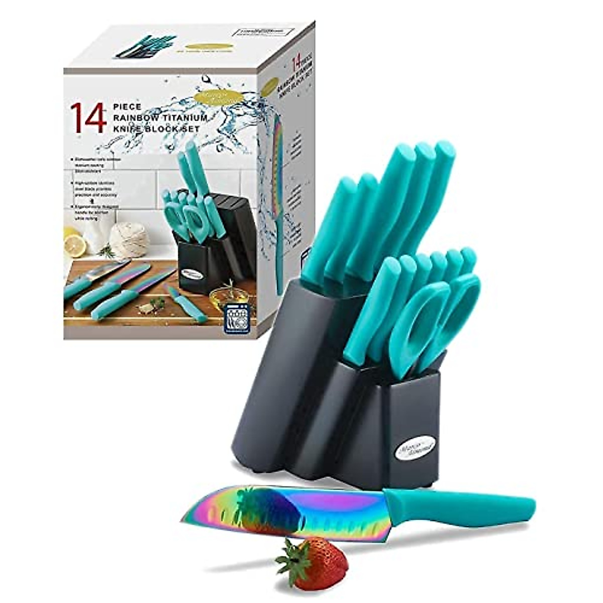 DISHWASHER SAFE Rainbow Titanium Cutlery Knife Set Kitchen Knives Sets Plug Rainbow Titanium Colorful Kitchen Utensils Set Stainless Steel Utensil Set - 6 Cooking Utensils