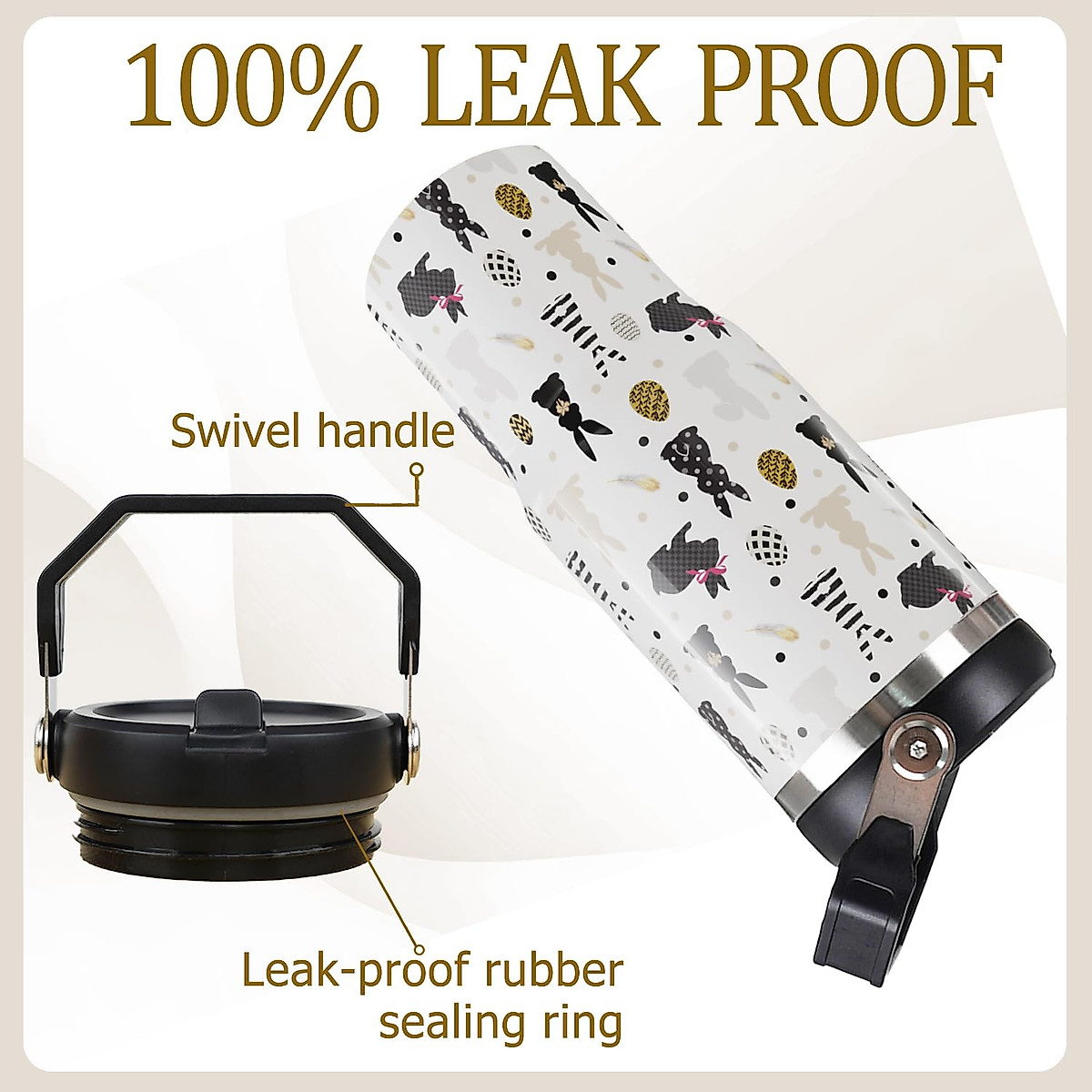 30oz Easter Tumbler with Handle and Straw, Black Rabbits Insulated Tumbler, Leak Proof Travel Coffee Mug, Reusable Stainless Steel Easter Egg Tumbler, Easter Gifts for Women (black white)