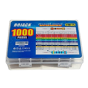 BOJACK 1000 Pcs 25 Values Resistor Kit 1 Ohm-1M Ohm with 1% 1/2W Metal Film Resistors Assortment