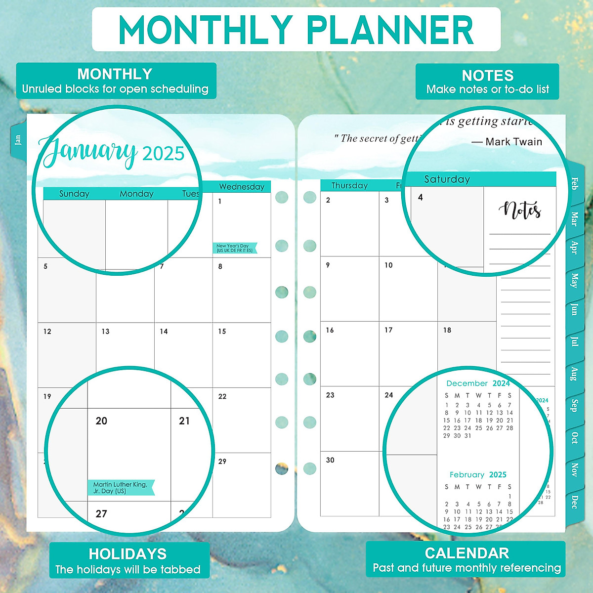 2024-2025 Planner Refills - Planner Refills, JUL 2024 - JUN 2025, A5 Planner Inserts, 5.5 x 8.5 inch, 7 Holes, 2024-2025 Weekly & Monthly Planner Refills, A5 Planner Refills - Green