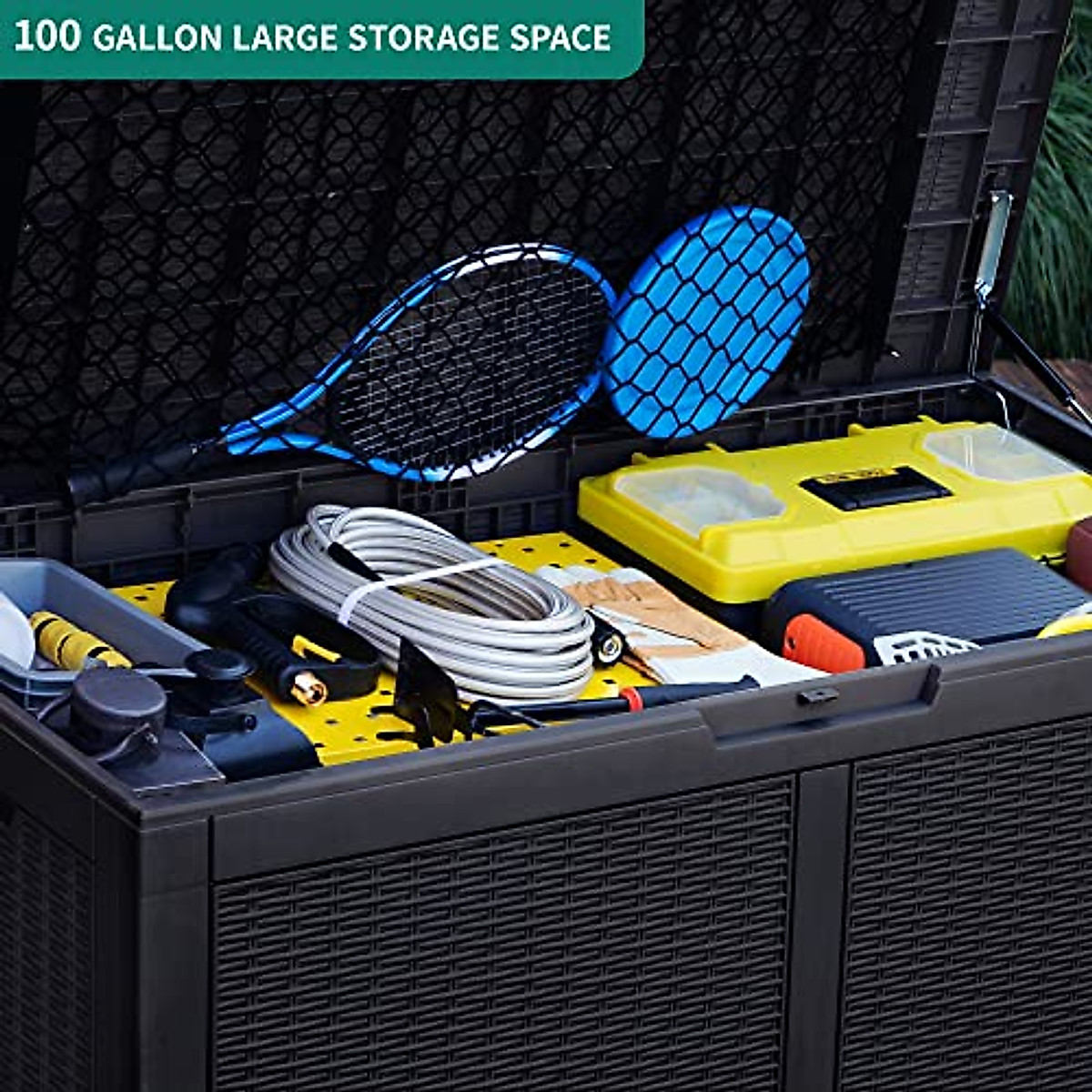 YITAHOME 100 Gallon Large Deck Box w/Storage Net, Resin Outdoor Storage Boxes, Waterproof Patio Cushion Storage Bench for Patio Furniture, Pool Supplies, Garden Tools- Rattan,Lockable (Black)