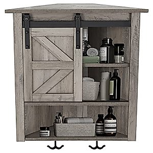 Fameill Bathroom Wall Cabinet Wall Mounted Corner Cabinet with Sliding Barn Door Over Toilet Bathroom Organizer Corner Wall Shelf Medicine Cabinet,Grey