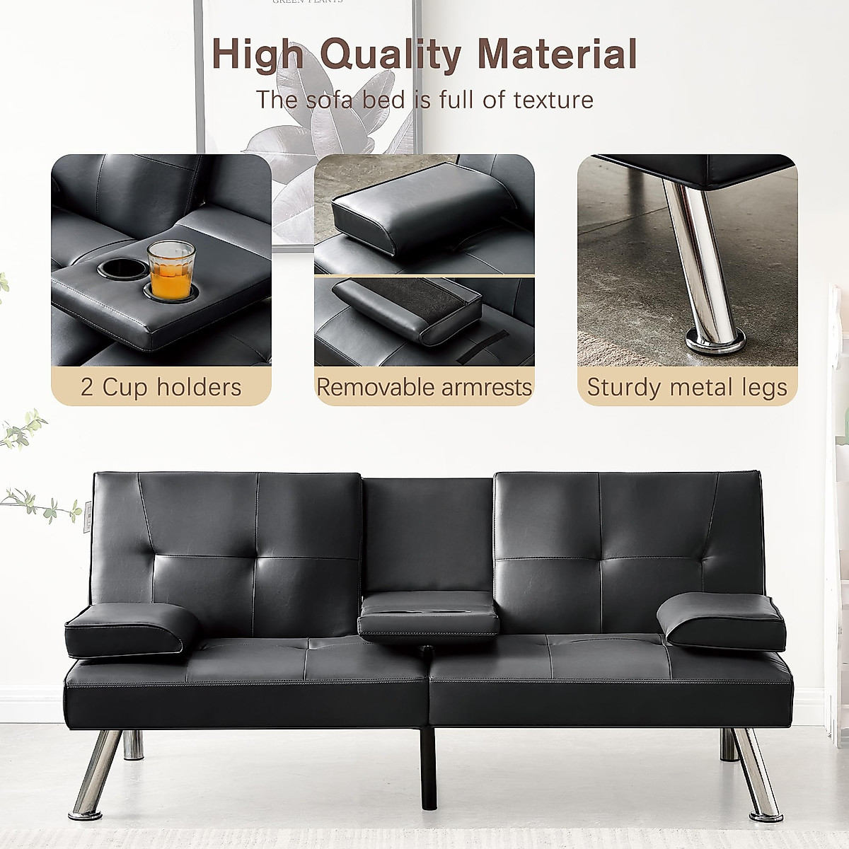 Modern Futon Sofa Bed with 2 Cupholders, PU Leather Convertible Upholstered Couch Bed Loveseat Sleeper, Folding Small Couches Love Seat, Reclining Sofa, Removable Armrests for for Small Spaces (Black)