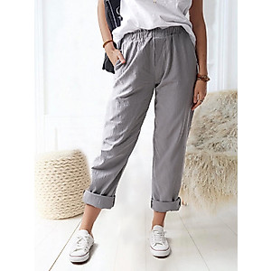 GLIENST Grey Linen Pants for Women Trendy Casual Loose Elastic High Waisted Straight Leg Lounge Work Pants Solid Color Comfy Trousers with Pockets X-Large