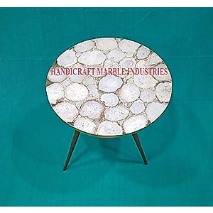 12" Inch Round Natural White Agate Coffee Table with Gold or Silver Foil coated borders with Metal Base, Agate Table, Stone Coffee Table, Agate Table Top, Agate Round Coffee Table
