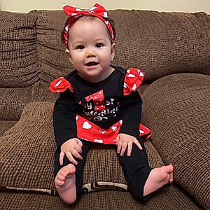 HINTINA Infant Baby Girl My First Valentine's Day Outfits Ruffles Long Sleeve Romper Heart Pants Headband Clothes Set(Black, 3-6M