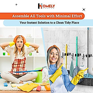 Homely Center Mop and Broom Holder Wall Mount – Heavy-Duty Broom Closet Organizer for Garage, Kitchen, Laundry Organization – Broom and Mop Holder – Tool Hanger with 3 broom racks and 4 broom hooks