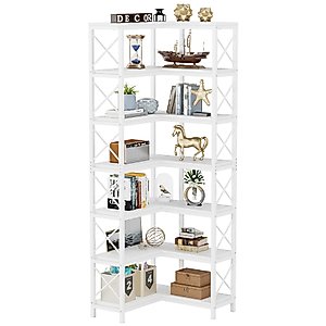 LITTLE TREE 7-Shelf Corner Bookshelf Modern Corner Bookcase Corner Shelf for Living Room Home Office, White
